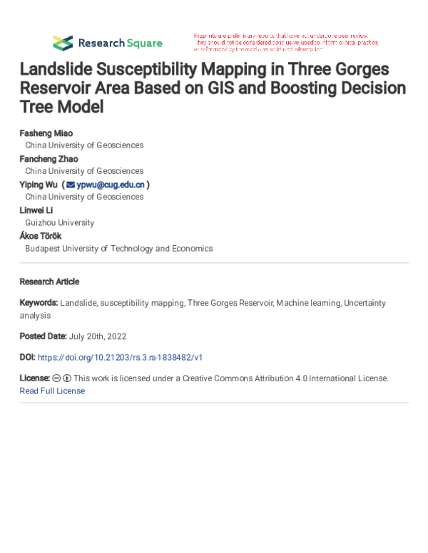 (PDF) Landslide susceptibility mapping in Three Gorges Reservoir area based on GIS and boosting ...