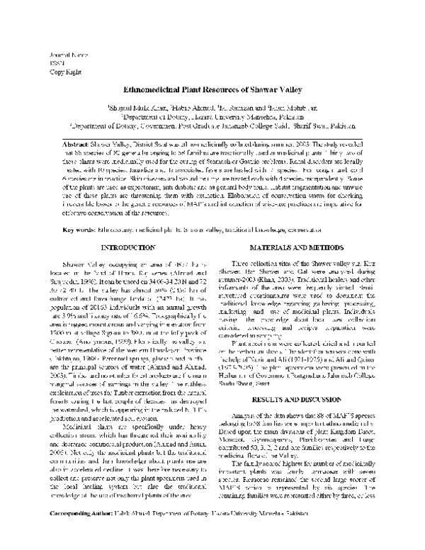 (PDF) Ethnomedicinal Plant Resources of Shawar Valley