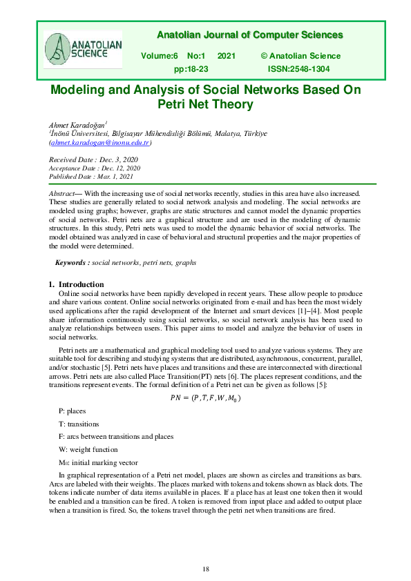 (PDF) Modeling and analysis of social networks based on Petri net theory