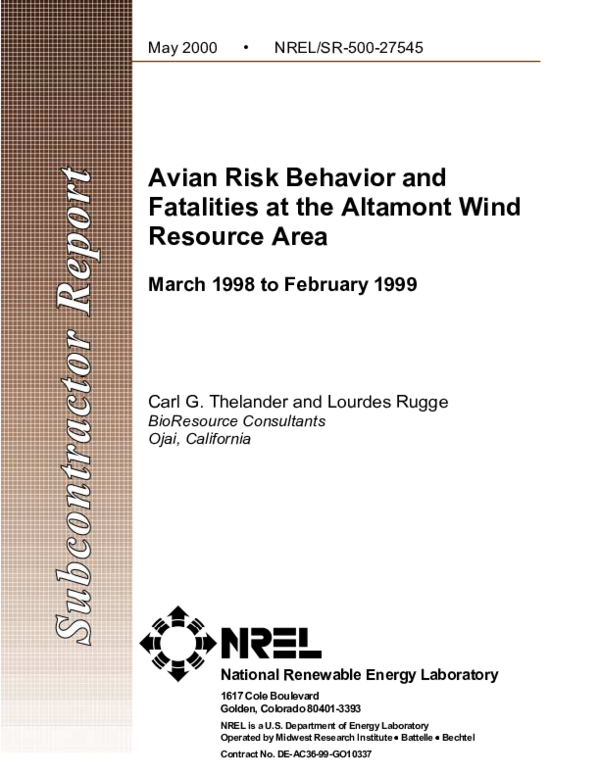(PDF) Avian Risk Behavior and Fatalities at the Altamont Wind Resource ...