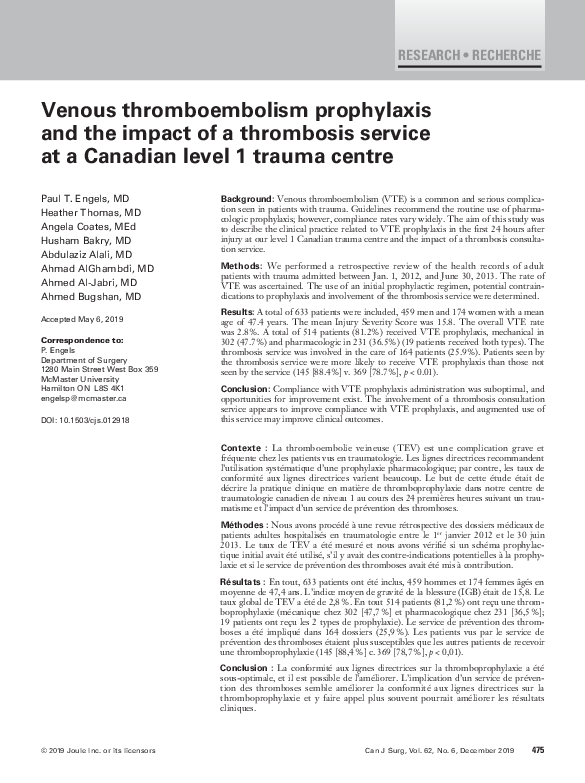 (PDF) Venous thromboembolism prophylaxis and the impact of a thrombosis service at a Canadian ...