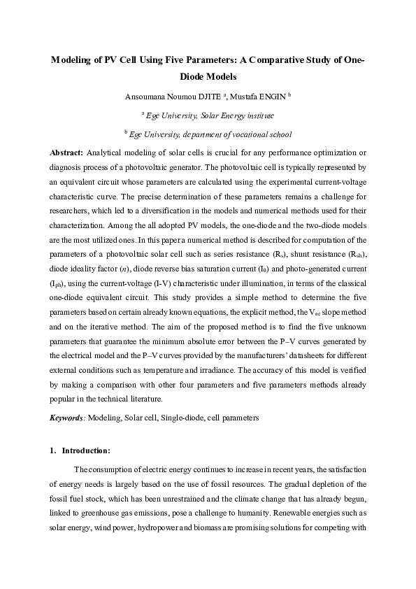 (PDF) Modeling of PV Cell Using Five Parameters: A Comparative Study of One-Diode Models