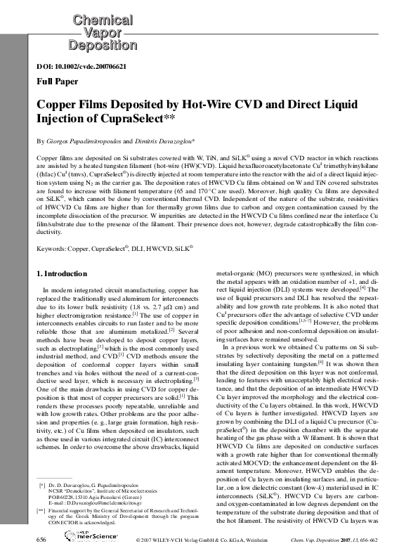 (PDF) Copper Films Deposited by Hot‐Wire CVD and Direct Liquid ...