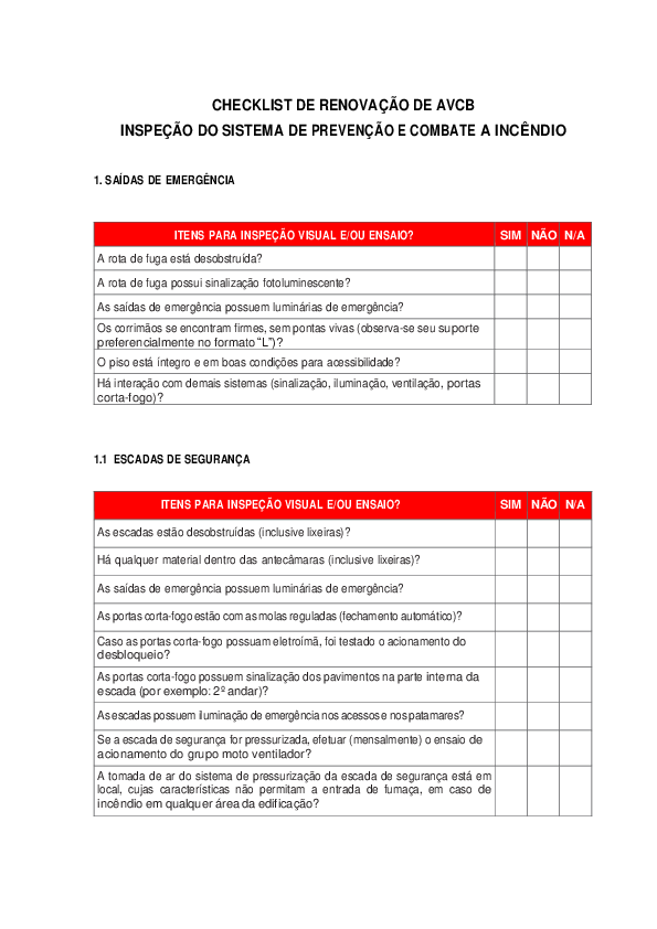 (PDF) CHECKLIST DE RENOVAÇÃO DE AVCB INSPEÇÃO DO SISTEMA DE PREVENÇÃO E ...