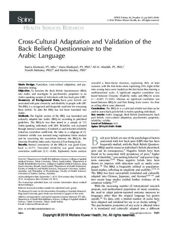(PDF) Cross-Cultural Adaptation and Validation of the Back Beliefs ...