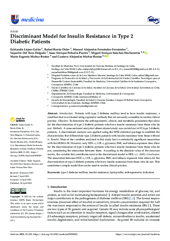 (PDF) Discriminant Model for Insulin Resistance in Type 2 Diabetic Patients | Erislandis López ...