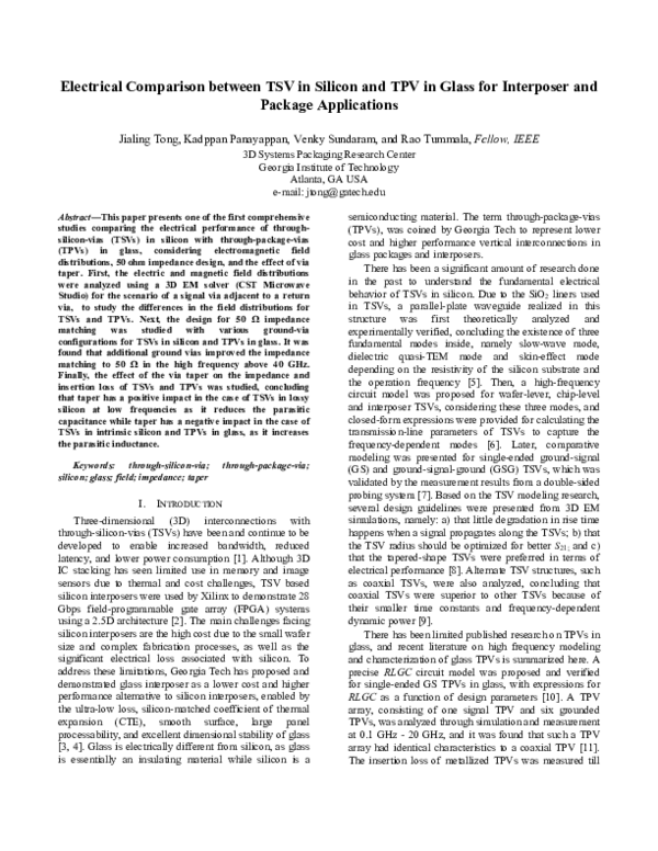 (PDF) Electrical Comparison between TSV in Silicon and TPV in Glass for ...