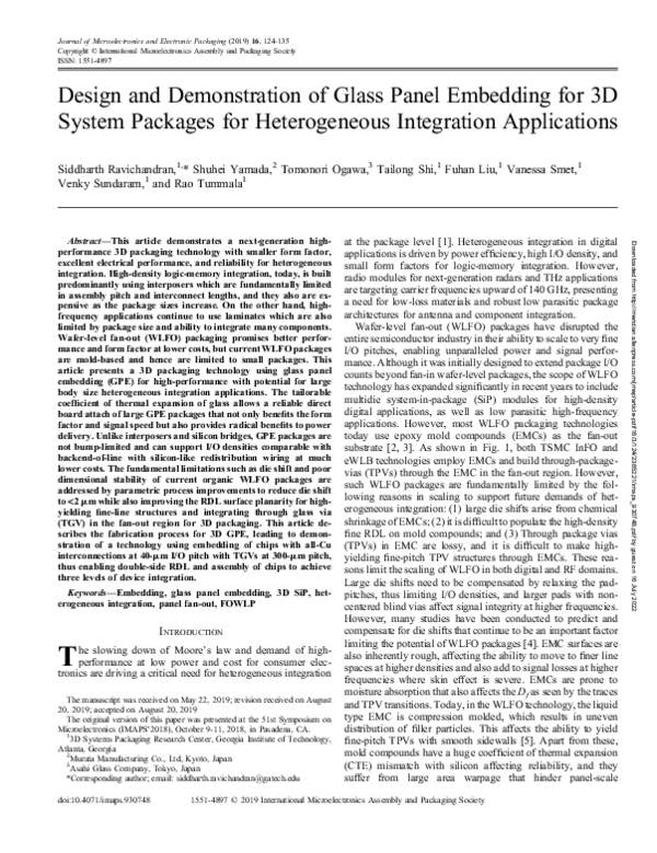 (PDF) Design and Demonstration of Glass Panel Embedding for 3D System Packages for Heterogeneous ...