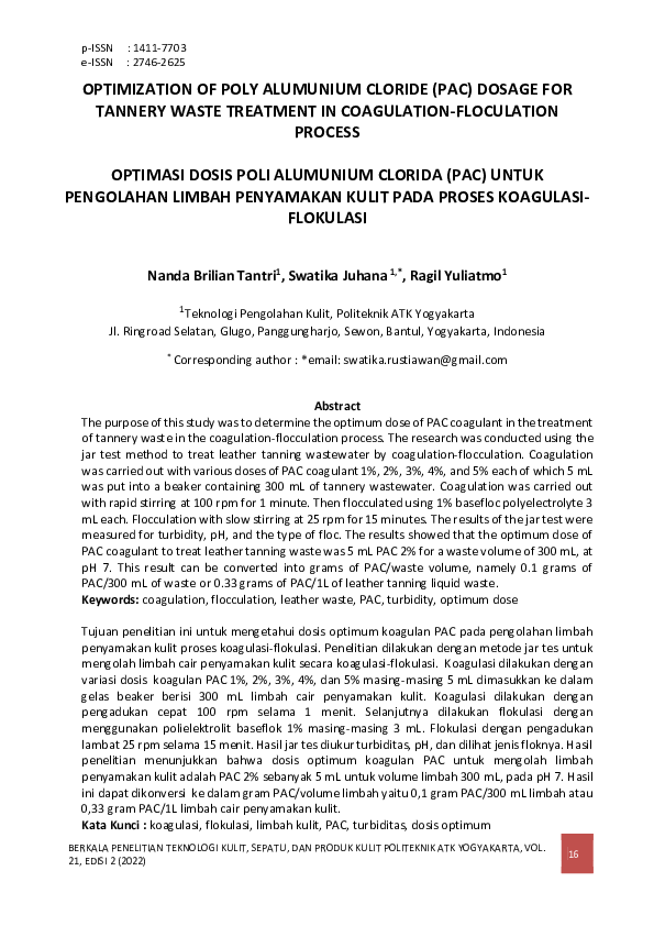 (PDF) Optimasi Dosis Poli Alumunium Clorida (Pac) Untuk Pengolahan ...