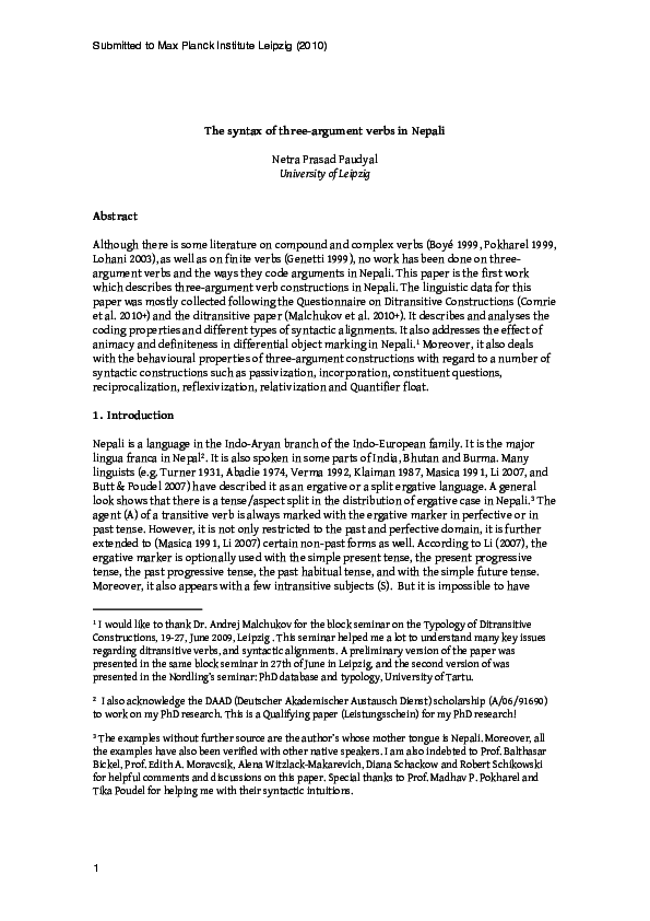 Pdf The Syntax Of Three Argument Verbs In Nepali
