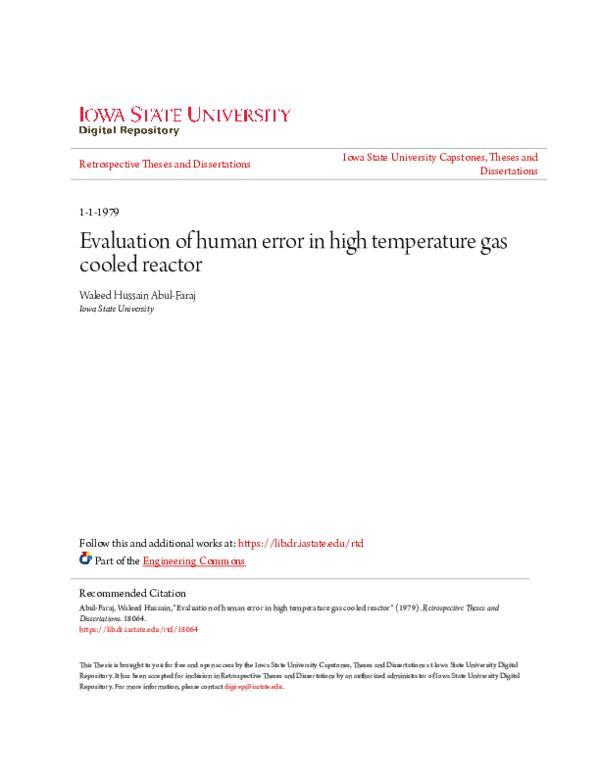 (PDF) Evaluation of human error in high temperature gas cooled reactor