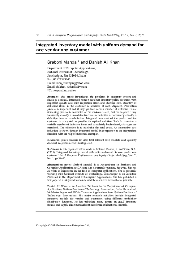 (PDF) Integrated inventory model with uniform demand for one vendor one ...