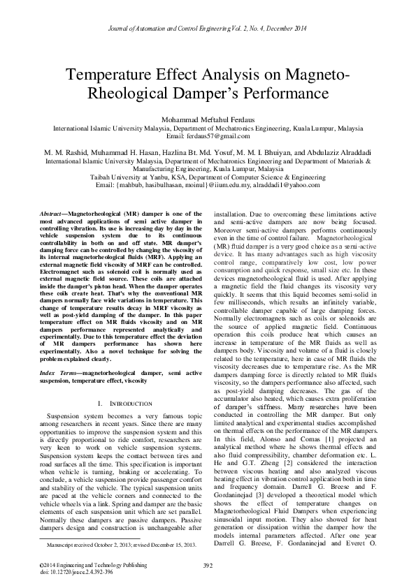 (PDF) Temperature Effect Analysis on Magneto-Rheological Damper’s Performance