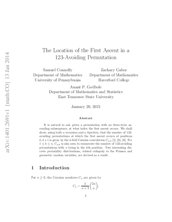 (PDF) The Location of the First Ascent in a 123-Avoiding Permutation