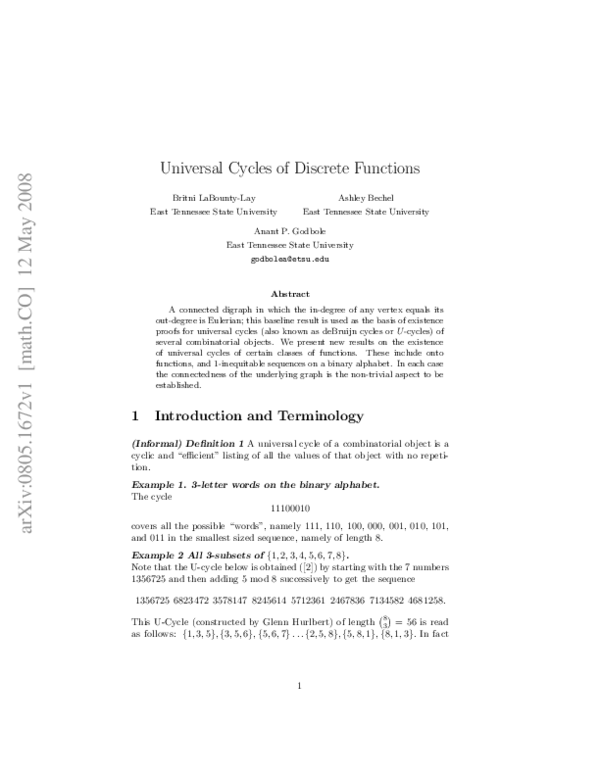 (PDF) Universal Cycles of Discrete Functions