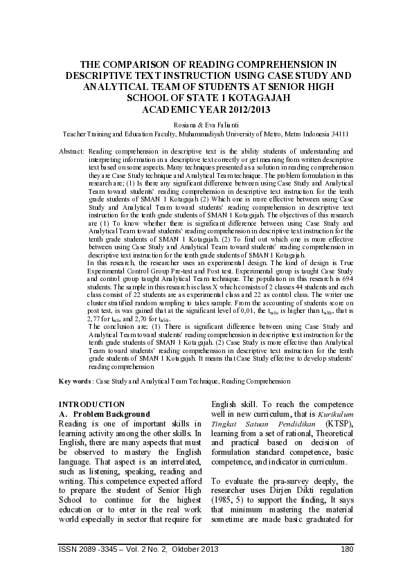 (PDF) The Comparison of Reading Comprehension in Descriptive Text Instruction Using Case Study ...