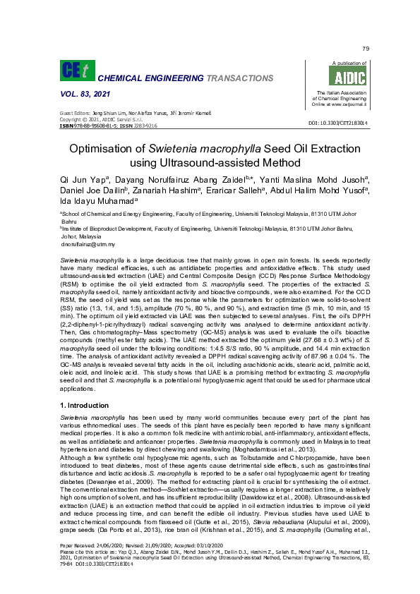 (PDF) Optimisation of Swietenia macrophylla Seed Oil Extraction using Ultrasound-assisted Method