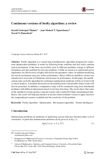 (PDF) Continuous versions of firefly algorithm: a review