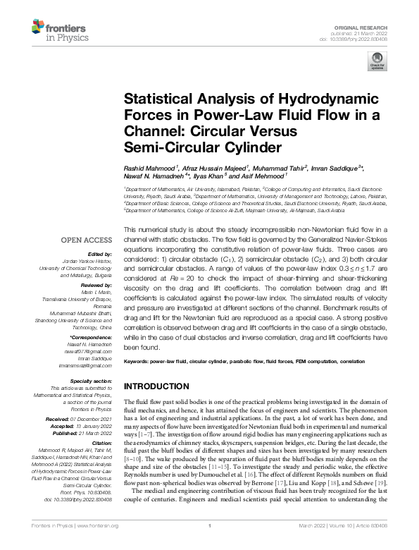 (PDF) Statistical Analysis of Hydrodynamic Forces in Power-Law Fluid Flow in a Channel: Circular ...