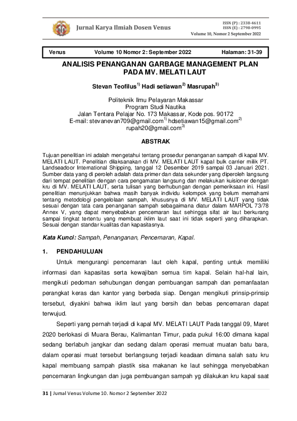 (PDF) Analisis Penanganan Garbage Management Plan Pada MV. Melati Laut