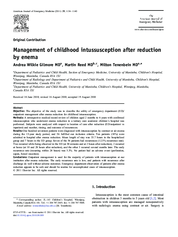 (PDF) Management of childhood intussusception after reduction by enema
