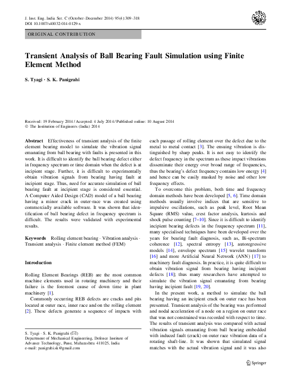 Pdf Transient Analysis Of Ball Bearing Fault Simulation Using Finite