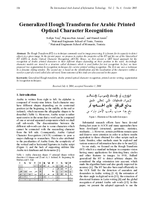 (PDF) Generalized Hough Transform for Arabic Printed Optical Character Recognition