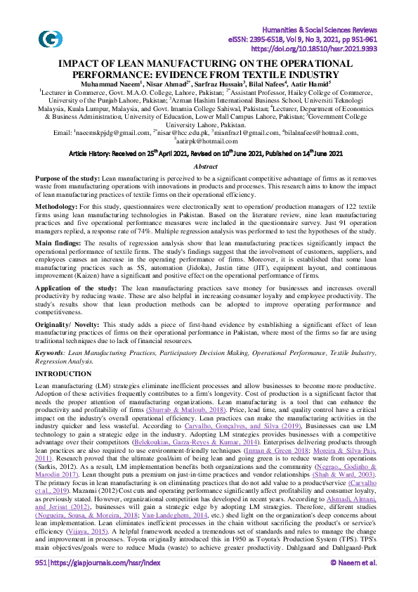 (PDF) Impact of Lean Manufacturing on the Operational Performance: Evidence from Textile ...