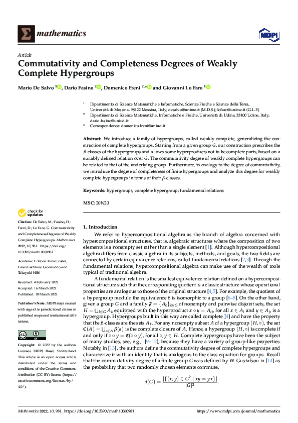 (PDF) Commutativity and Completeness Degrees of Weakly Complete Hypergroups | Mario De Salvo ...