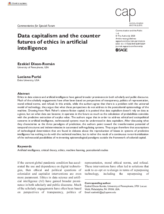 (PDF) Data capitalism and the counter futures of ethics in artificial intelligence
