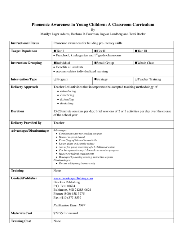(PDF) Phonemic Awareness in Young Children: A Classroom Curriculum M. Adams, B. Foorman, I ...
