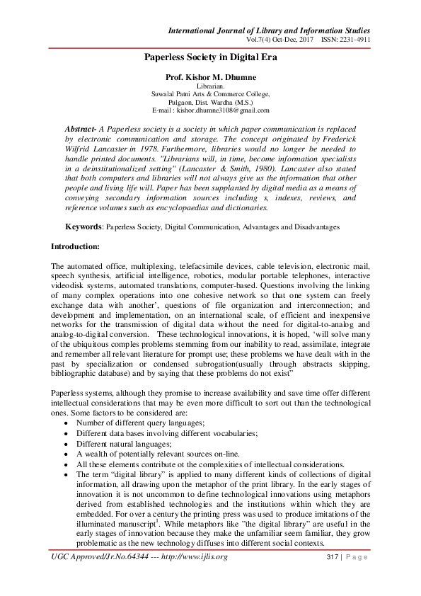 (PDF) Paperless Society in Digital Era