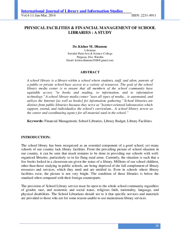(PDF) PHYSICAL FACILITIES and FINANCIAL MANAGEMENT OF SCHOOL LIBRARIES ...