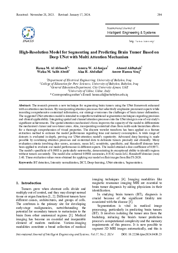 Pdf High Resolution Model For Segmenting And Predicting Brain Tumor Based On Deep Unet With