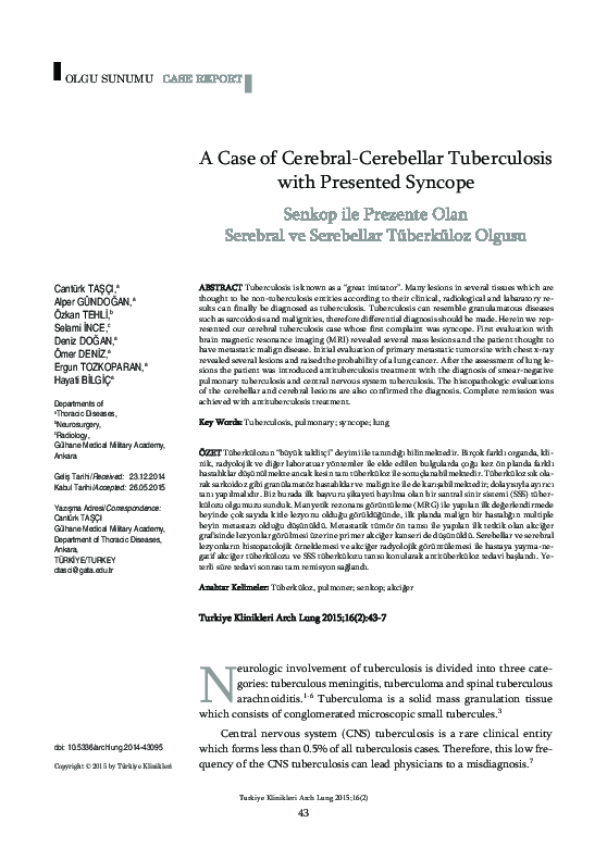(PDF) A Case of Cerebral-Cerebellar Tuberculosis with Presented Syncope
