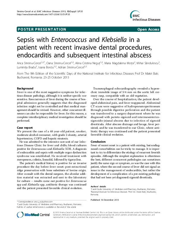 (PDF) Sepsis with Enterococcus and Klebsiella in a patient with recent ...