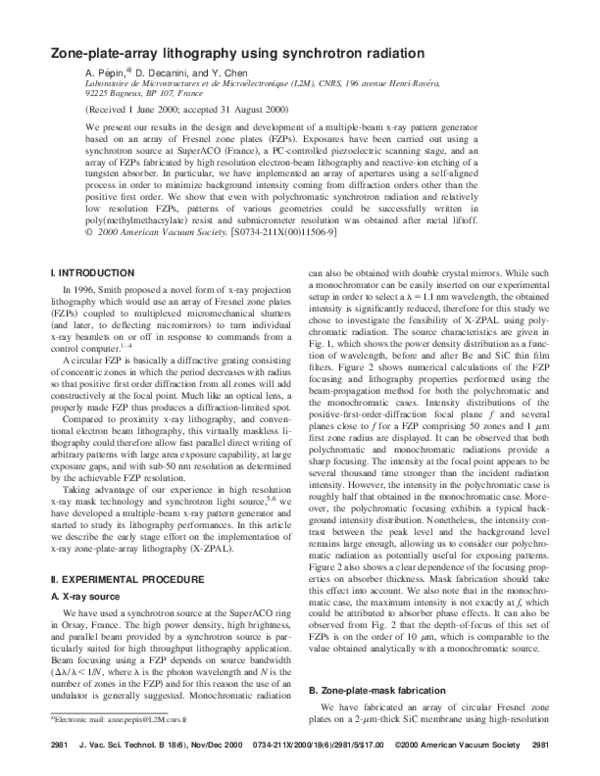 (PDF) Zone-plate-array lithography using synchrotron radiation