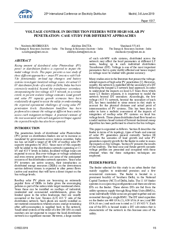(PDF) Voltage Control in Distribution Feeders with High Solar PV Penetration: Case Study for ...
