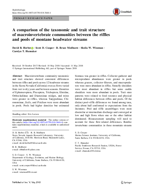 (PDF) A comparison of the taxonomic and trait structure of macroinvertebrate communities between ...
