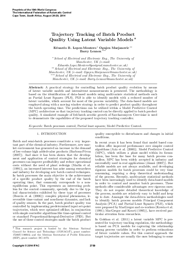 (PDF) Trajectory Tracking of Batch Product Quality Using Latent Variable Models | Eduardo Lopez ...
