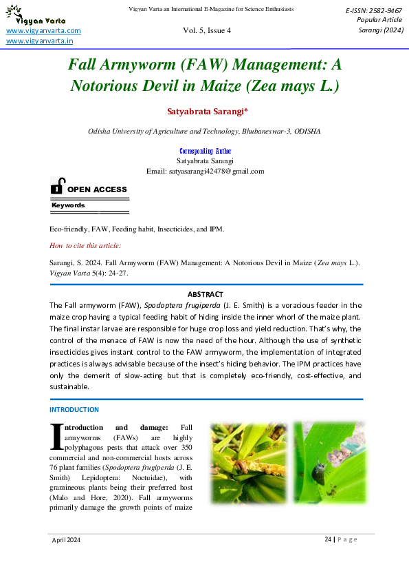(PDF) Fall Armyworm (FAW) Management: A Notorious Devil in Maize (Zea mays L