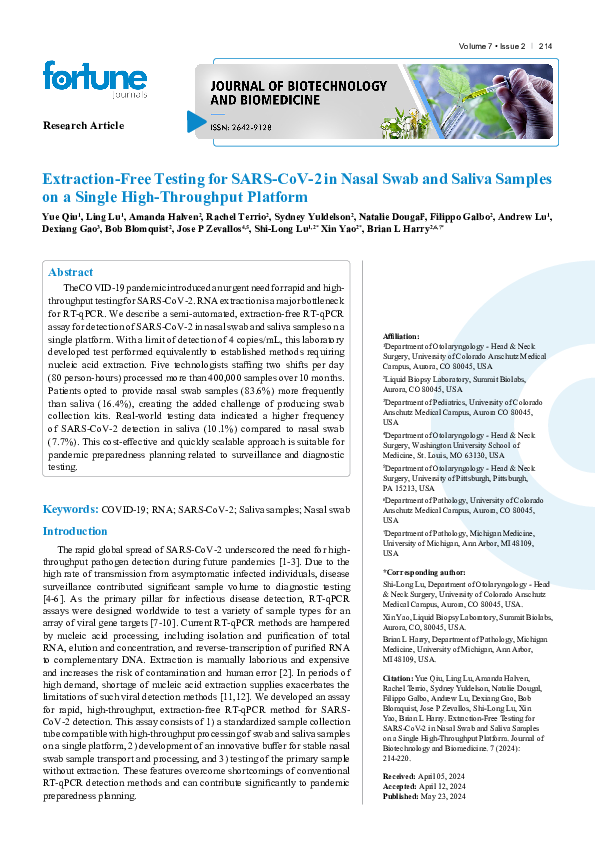 Pdf Extraction Free Testing For Sars Cov 2 In Nasal Swab And Saliva Samples On A Single High