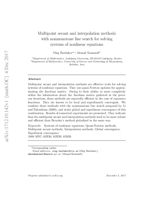 Pdf Multipoint Secant And Interpolation Methods With Nonmonotone Line Search For Solving