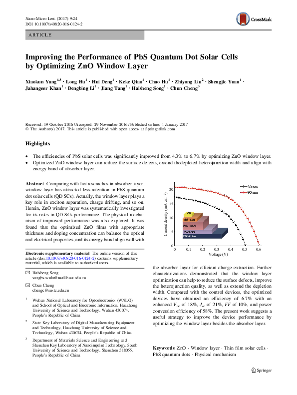 (PDF) Improving the Performance of PbS Quantum Dot Solar Cells by ...