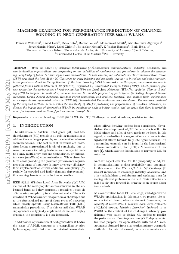 (PDF) Machine learning for performance prediction of channel bonding in next-generation IEEE 802 ...