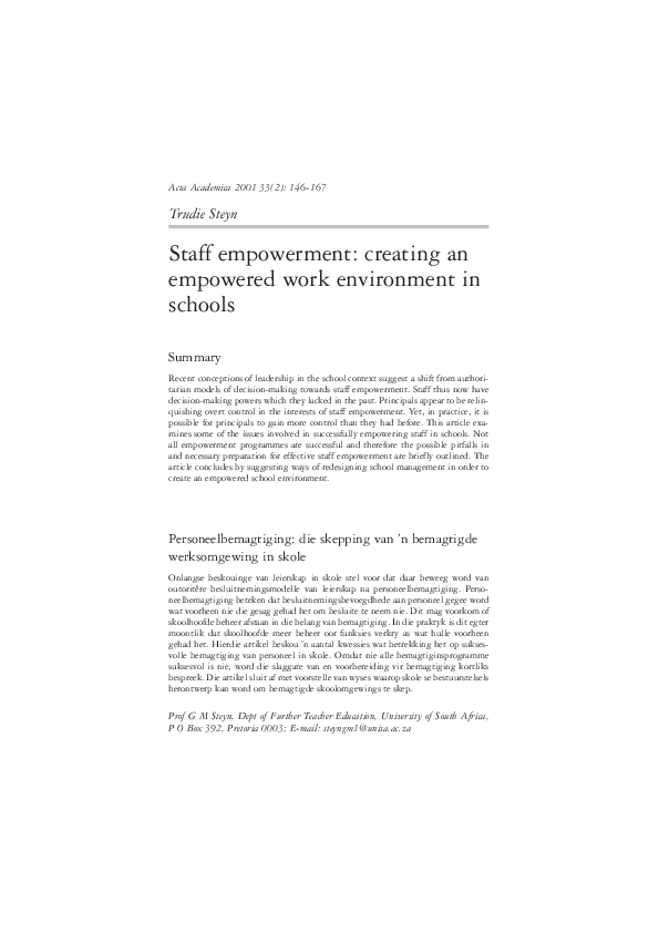 (PDF) Staff empowerment : creating an empowered work environment in schools