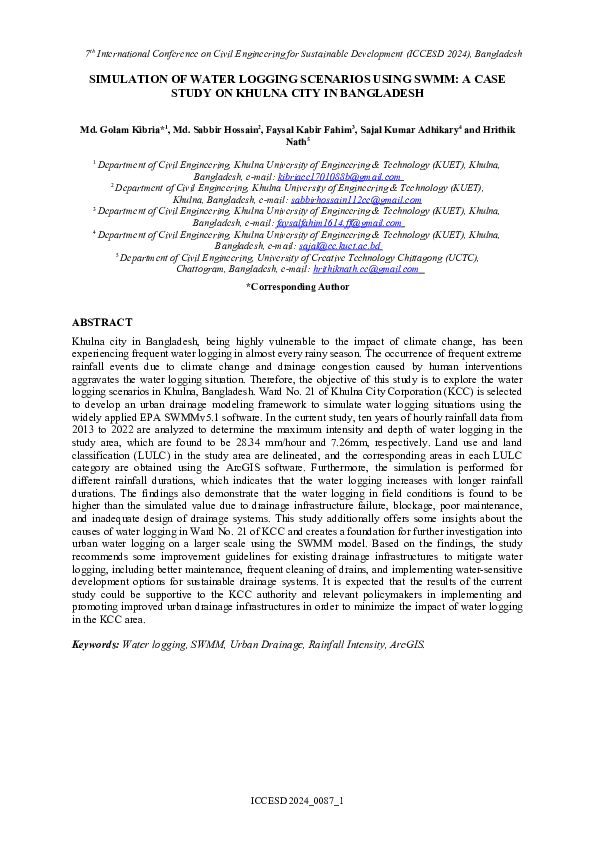 (PDF) Simulation of Water Logging Scenarios using SWMM: A Case Study on Khulna City in Bangladesh