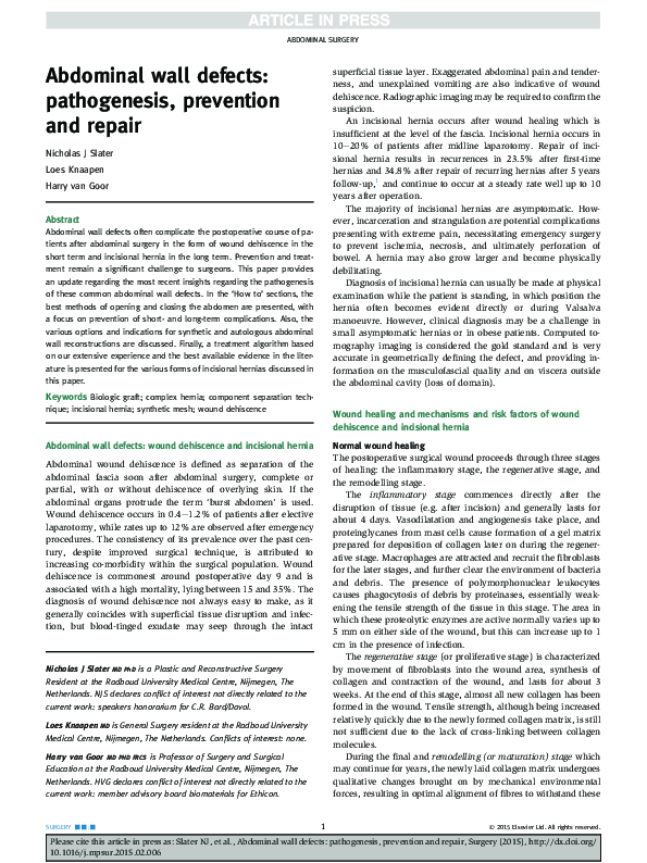 (PDF) Abdominal wall defects: pathogenesis, prevention and repair