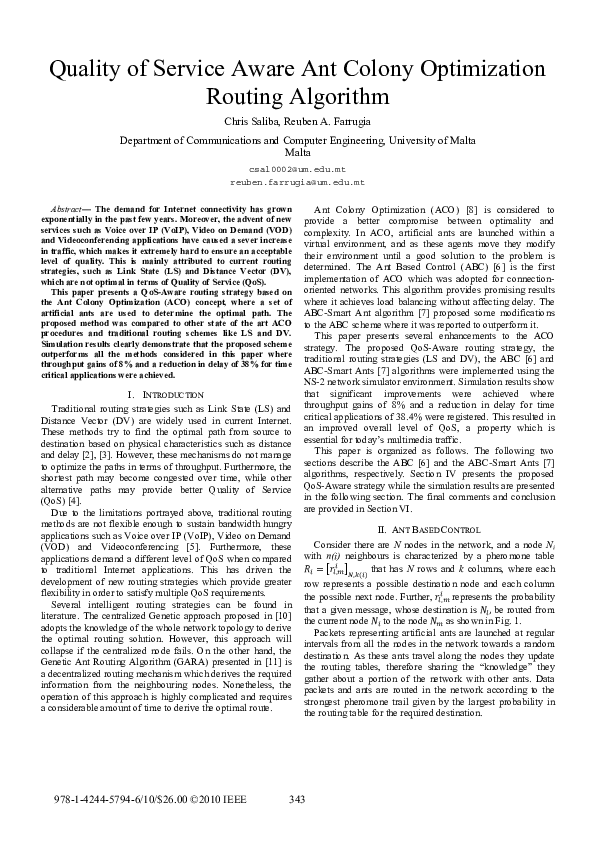 Pdf Quality Of Service Aware Ant Colony Optimization Routing Algorithm Reuben A Farrugia