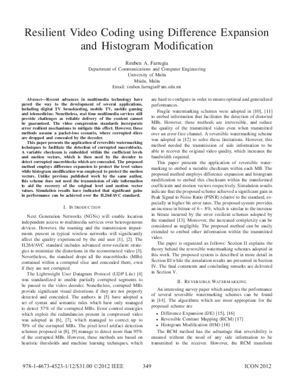 (PDF) Resilient video coding using difference expansion and histogram modification